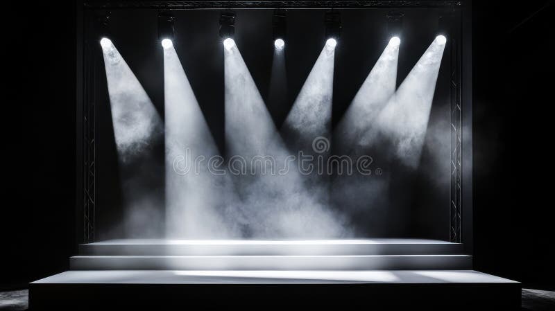 Dramatic Stage Scene with Bright Spotlights and Rising Smoke Effects ...