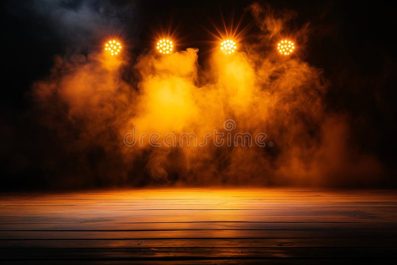Dramatic Stage Scene with Illuminated Spotlights Casting Warm Yellow ...