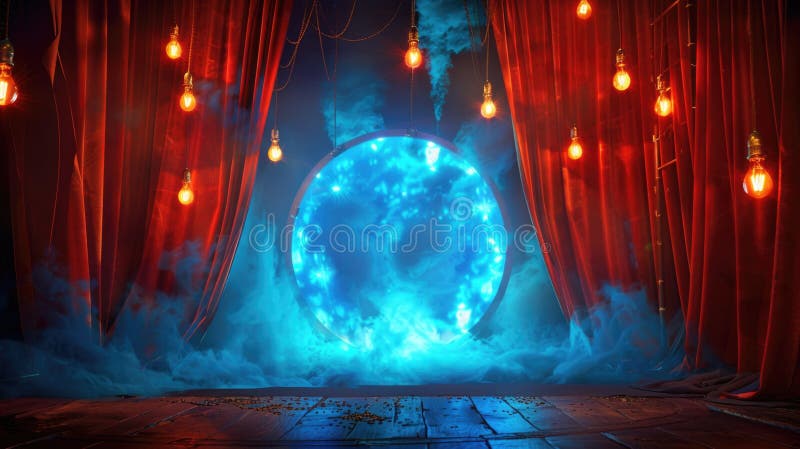 A Dramatic Stage Scene Under a Full Blue Moon, with Red Curtains Drawn ...