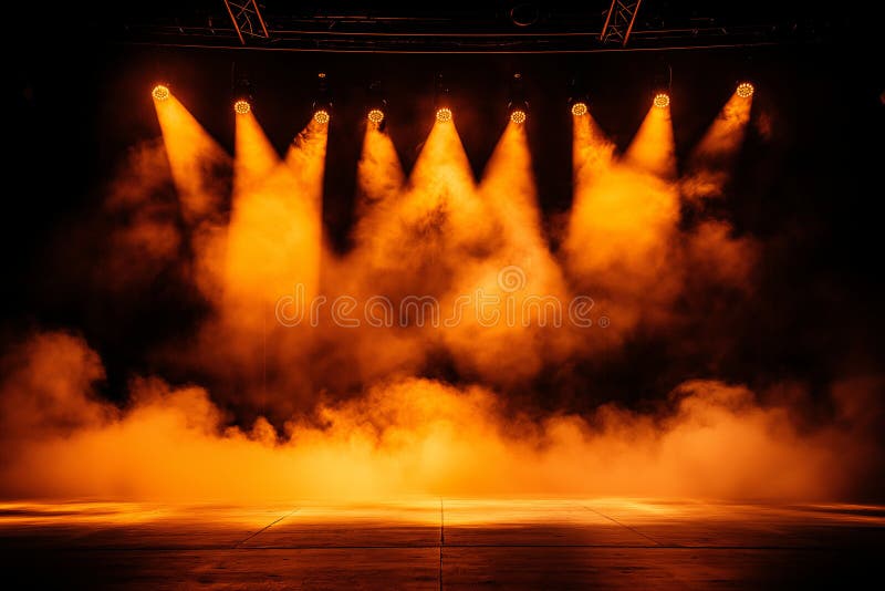 Dramatic Stage Scene with Yellow Spotlight Beams Cutting through Fog ...