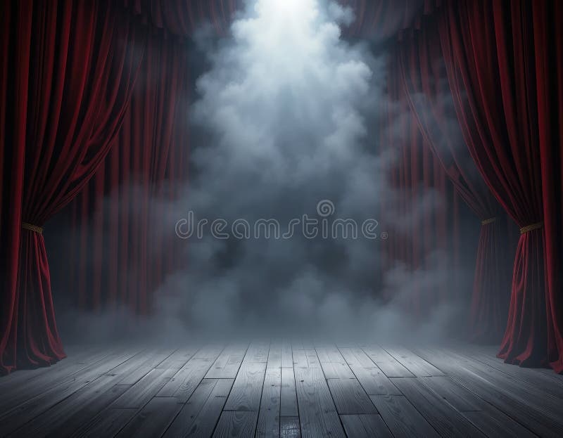 Dramatic Stage Setting with Red Curtains, Smoke, and Wooden Floor Stock ...