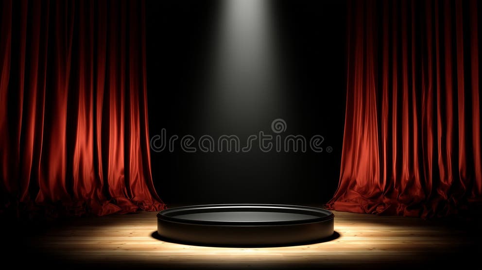Spotlighted Theater Stage with Red Curtains and Circular Platform Stock ...