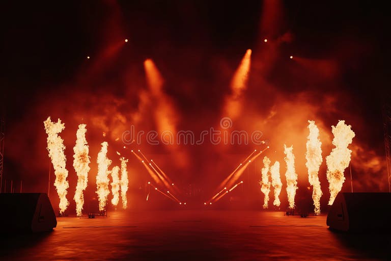 Dramatic Stage Setup with Fiery Pyrotechnics and Vibrant Lighting Stock ...