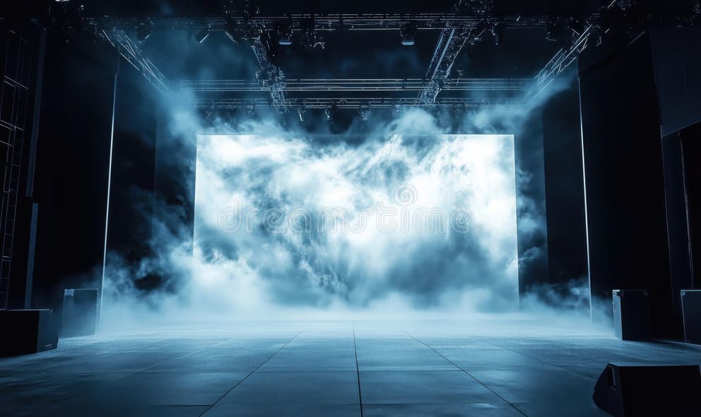 Dramatic Stage Setup with Fog and Illuminated Backdrop Creating an ...