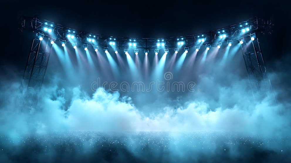 A Dramatic Stage Setup with Multiple Bright Blue Spotlights Beaming ...