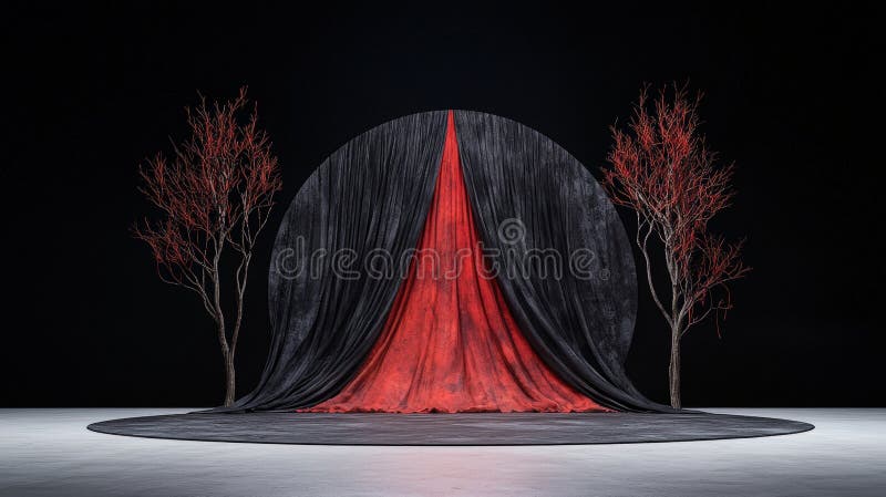 Dramatic Stage Setup with Red and Black Fabric Trees Isolated on Black ...