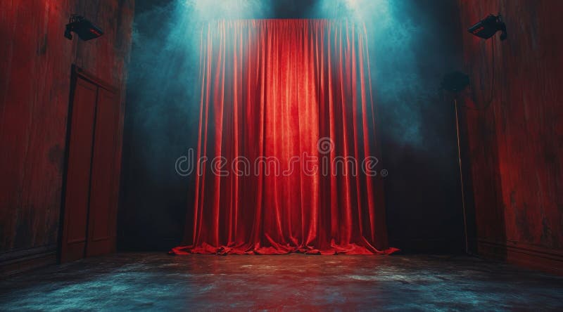 Dramatic Stage Setup with Red Curtains and Bright Circular Light in a ...