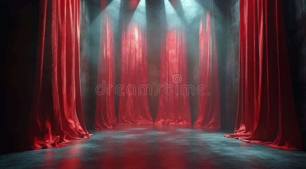 Dramatic Stage Setup with Red Curtains and Bright Circular Light in a ...
