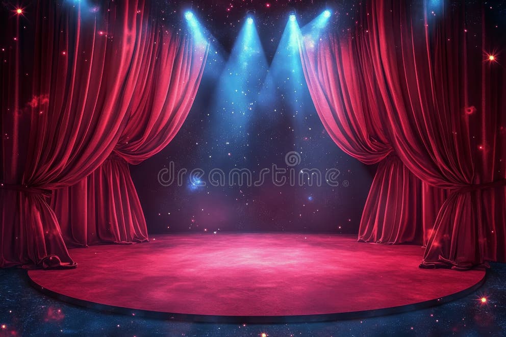 A Dramatic Stage Setup with Red Curtains and a Circular Backdrop ...
