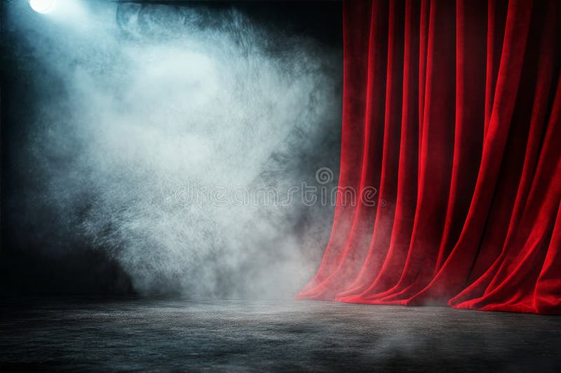 Dramatic Stage Setup with Red Curtains and Fog Under Bright Spotlights ...