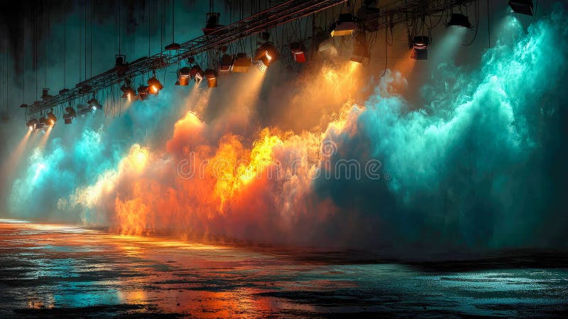 Dramatic Stage Setup with Vibrant Lights and Colored Smoke Clouds ...