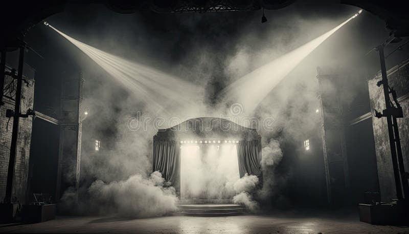 Dramatic Stage with Spotlights and Smoke. Empty Interior with Shining ...