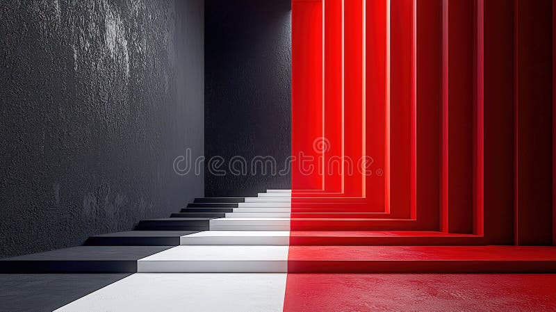 Dramatic Staircase Leading To Bright Red Sections in a Minimalist ...