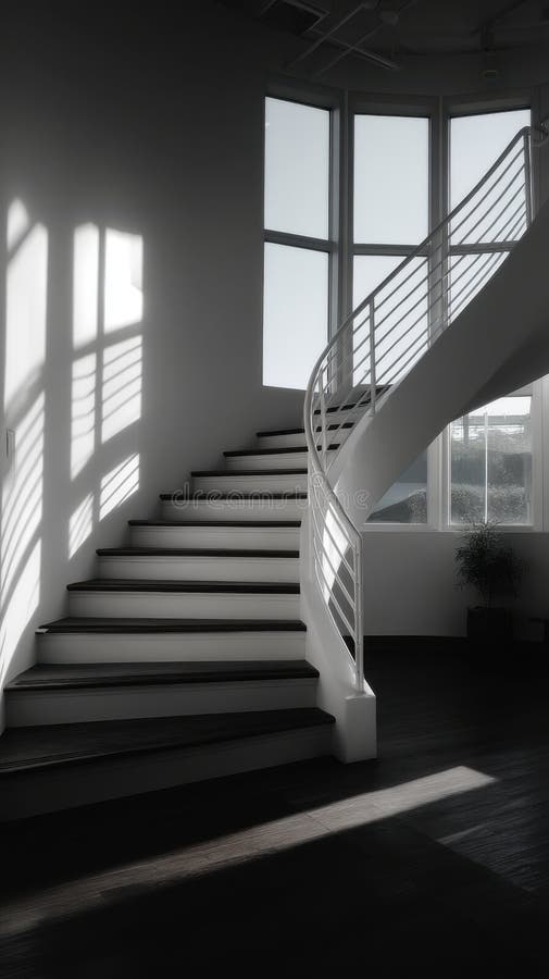 Dramatic Stairway with White Railing Winding Up Past Large Windows ...