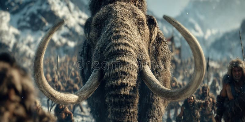 Mammoth Confronted by Primitive Hunters in Snowy Mountain Landscape ...