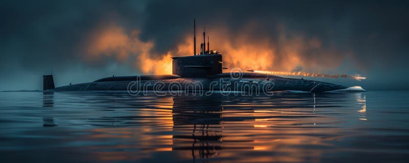Dramatic Stealth Submarine Emerging at Dusk with Fiery Sky Reflected in ...