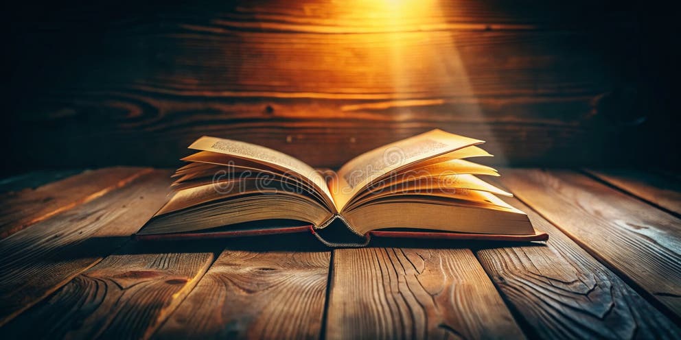 Dramatic Still Life an Empty Book in LowLight Wooden Table Setting ...