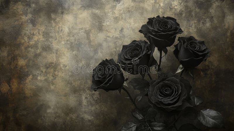 Dramatic Still Life of Five Black Roses on Textured Dark Gold ...