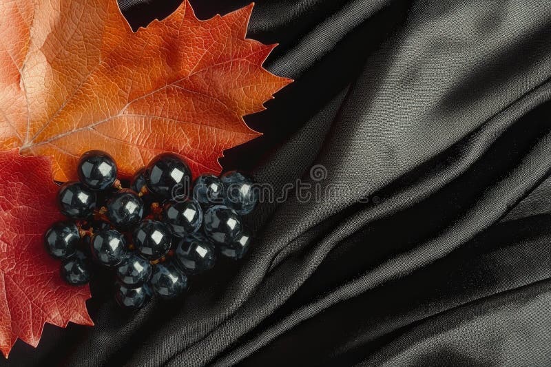 Dramatic Still Life of Grapes and Autumn Leaf on Black. Stock ...
