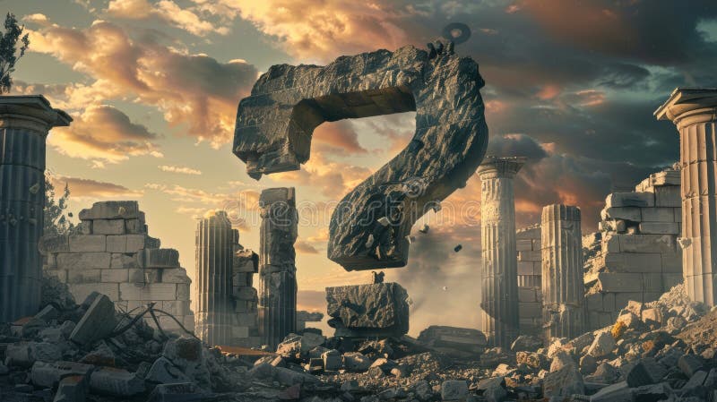 Dramatic Stone Question Mark Breaking through Ancient Columns with ...