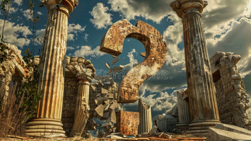 Dramatic Stone Question Mark Breaking through Ancient Columns with ...