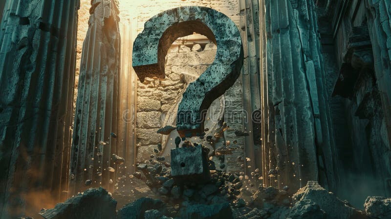 Dramatic Stone Question Mark Breaking through Ancient Columns with ...