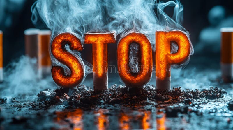 Dramatic Stop Letters with Fiery Texture and Plumes of Smoke on Dark ...
