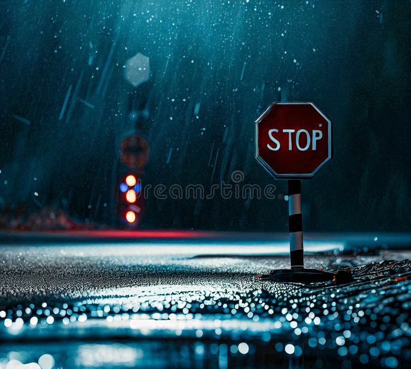 Dramatic Stop Sign Seen from the Car in a Rainy Night Stock Photo ...