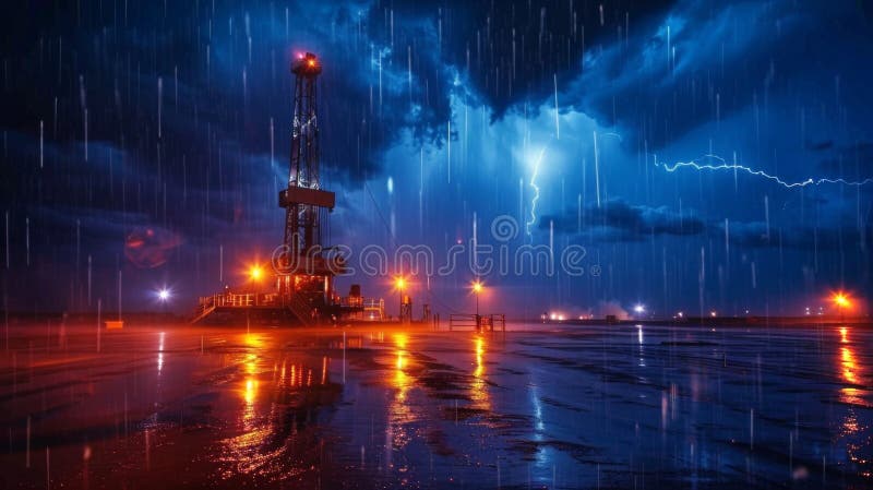 Dramatic Storm Approaching Oil Rig Under Dark Clouds and Lightning at ...
