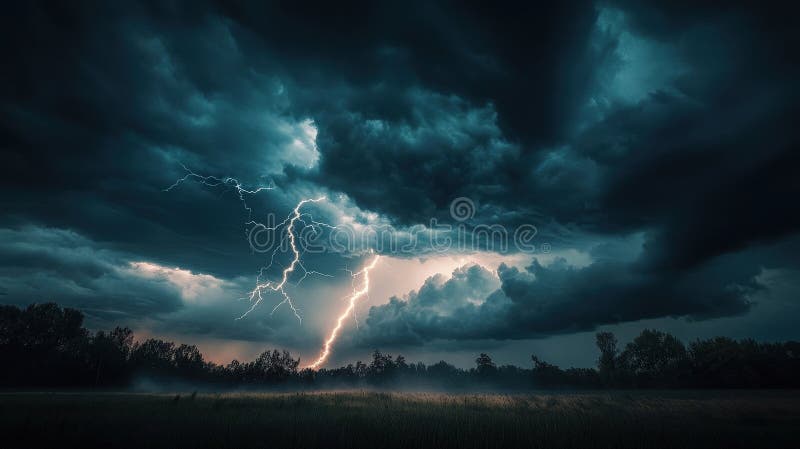 Dramatic Storm Clouds with Bright Lightning Breaking through Dark Skies ...