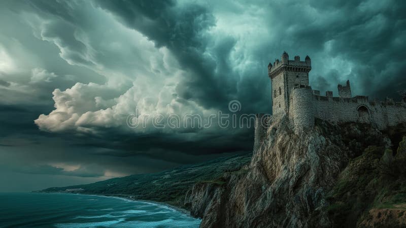 Dramatic Storm Clouds Forming Above a Medieval Castle on a Cliff Stock ...