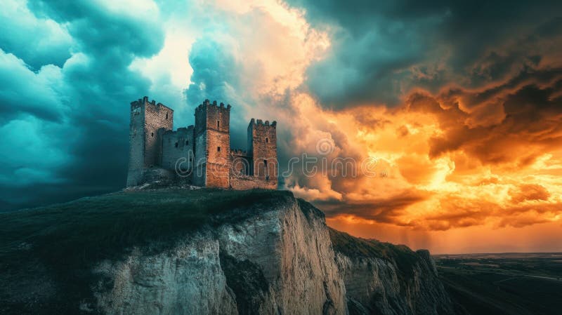 Dramatic Storm Clouds Forming Above a Medieval Castle on a Cliff Stock ...