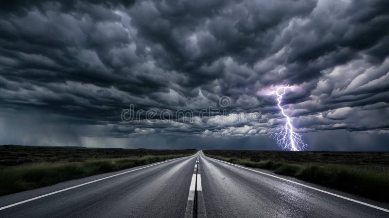 Dramatic Storm Clouds Gather Over a Long, Straight Road, Illuminated by ...
