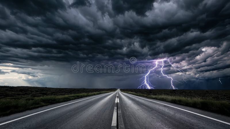 Dramatic Storm Clouds Gather Over a Long, Straight Road, Illuminated by ...