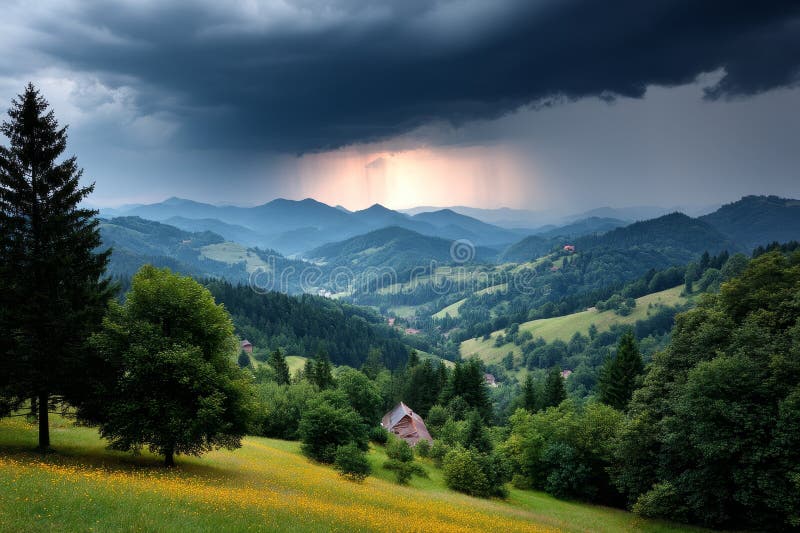 Dramatic Storm Clouds Gather Over Rolling Hills and a Rustic Cabin in a ...