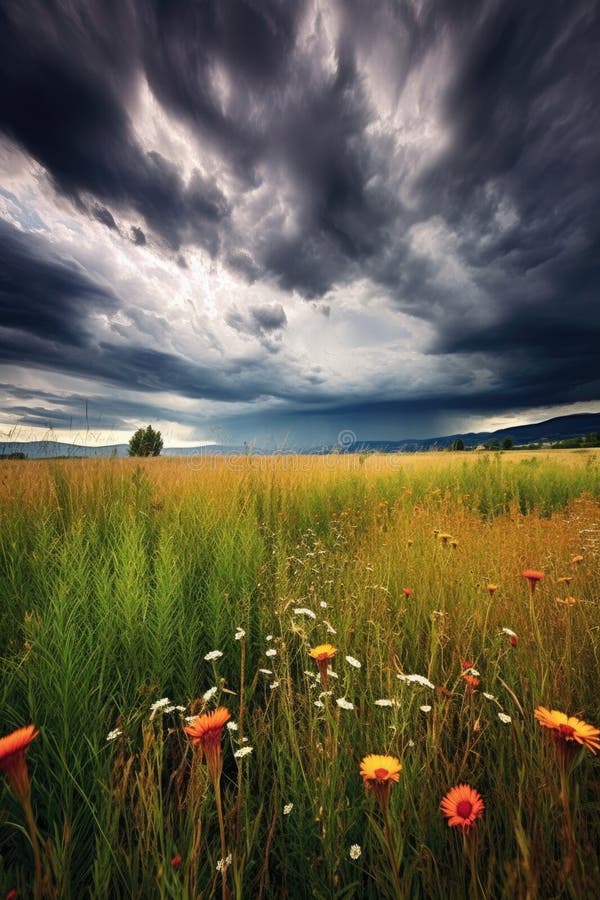 Dramatic Storm Clouds Gathering Over a Peaceful Meadow Stock ...