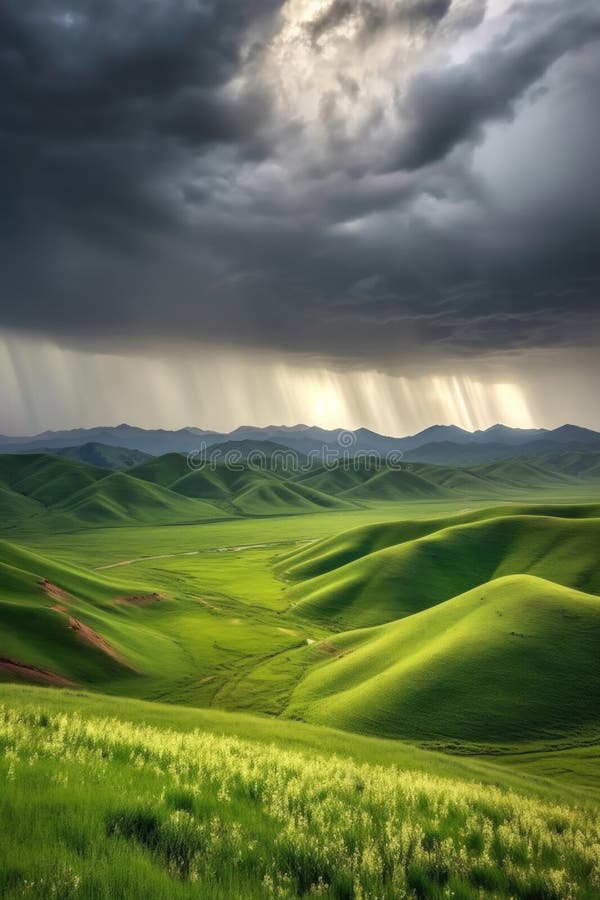 Dramatic Storm Clouds Gathering Over Rolling Hills Stock Illustration ...