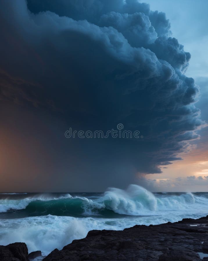 Dramatic Storm Clouds Gathering Over a Turbulent Sea at Twilight. Stock ...
