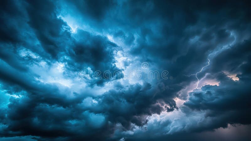 Dramatic Storm Clouds with Lightning in a Dark Blue Sky at Dusk Stock ...