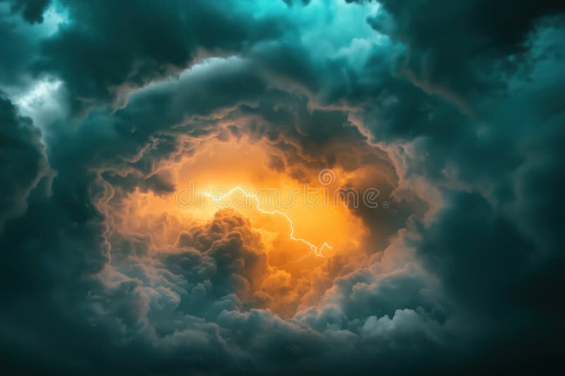 Dramatic Storm Clouds with Lightning and Orange Glow, Swirling Dark Clouds Stock Image - Image ...