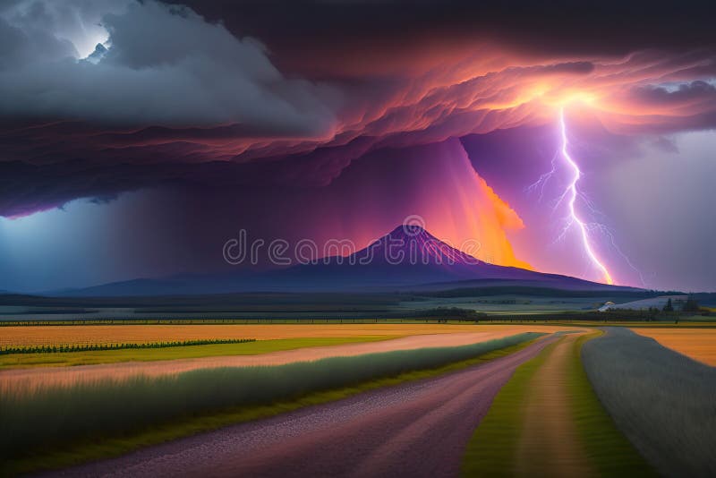 Dramatic Storm Clouds with Lightning Strikes Over the Field Stock ...