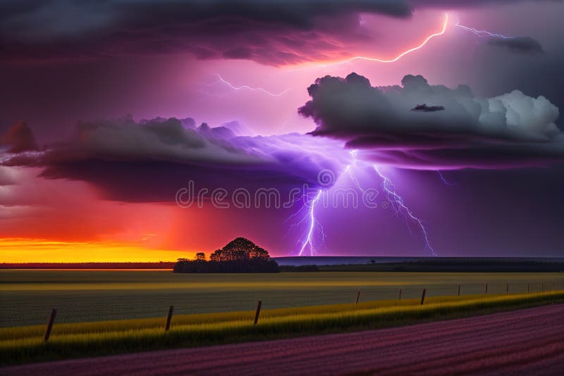 Dramatic Storm Clouds with Lightning Strikes Over the Field Stock ...