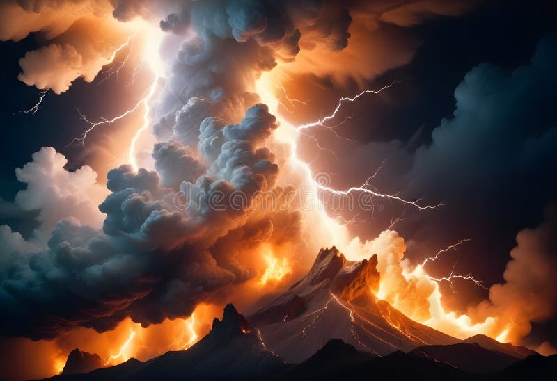 Dramatic Storm Clouds with Lightning Striking Over a Mountain Landscape ...