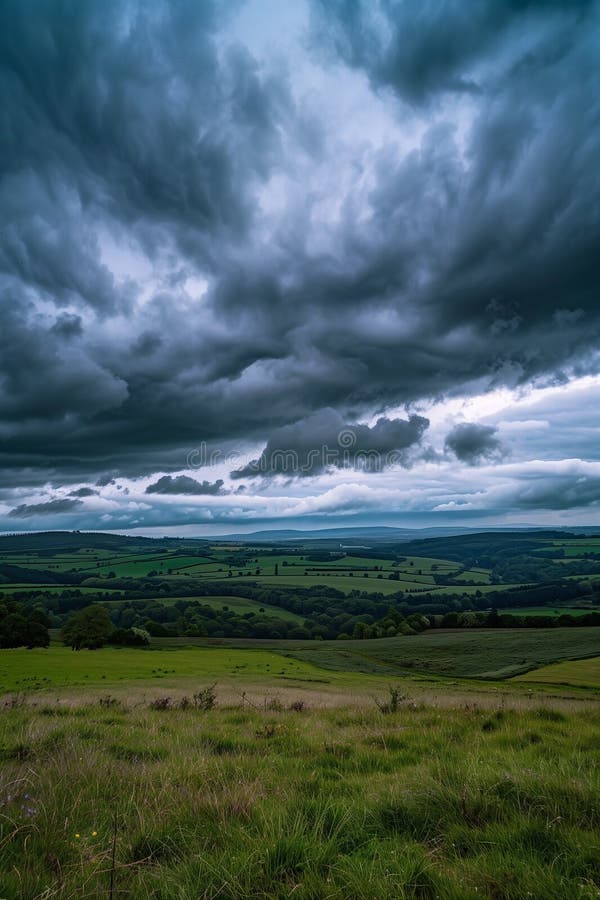 Dramatic Storm Clouds Loom Over a Lush Green Landscape, Promising Rain ...