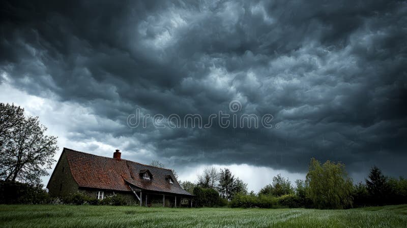 Dramatic Storm Clouds Loom Over a Quaint Countryside Cottage Stock ...