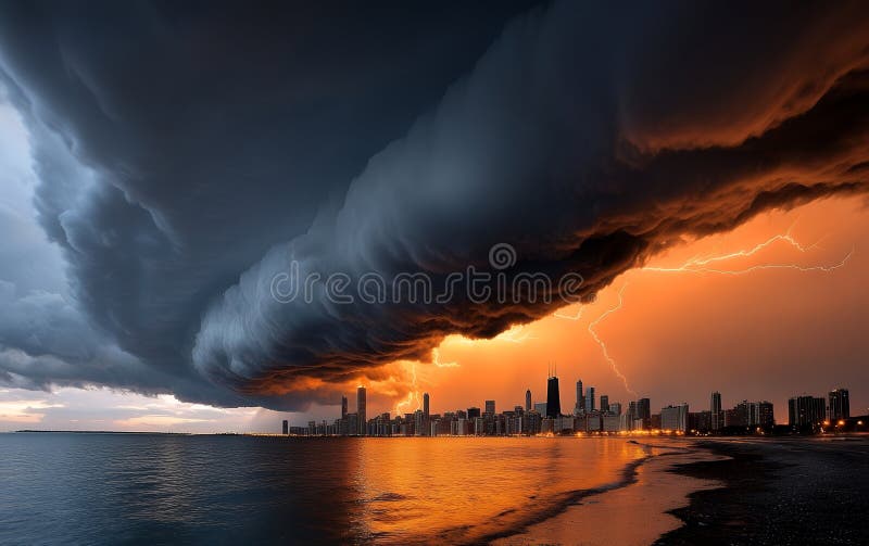 Dramatic Storm Clouds Looming Over City Skyline with Striking Lightning ...