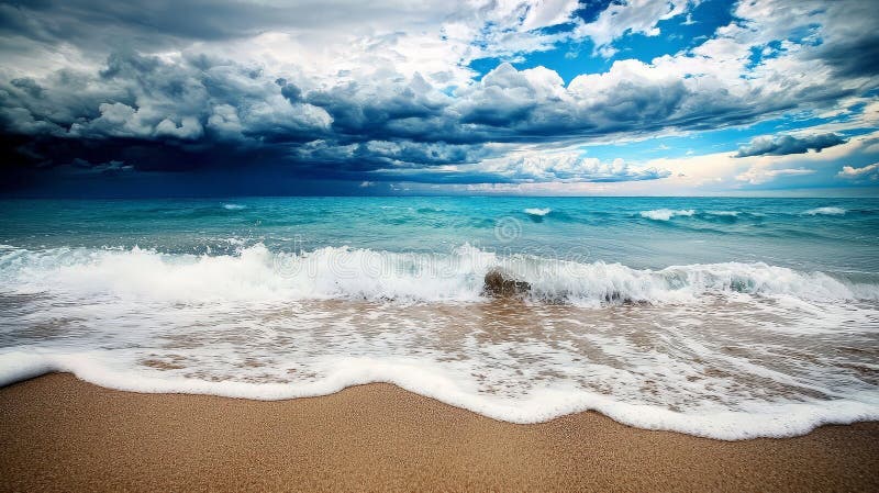 Dramatic Storm Clouds Over a Calm Blue Ocean with Foamy Waves Crashing ...