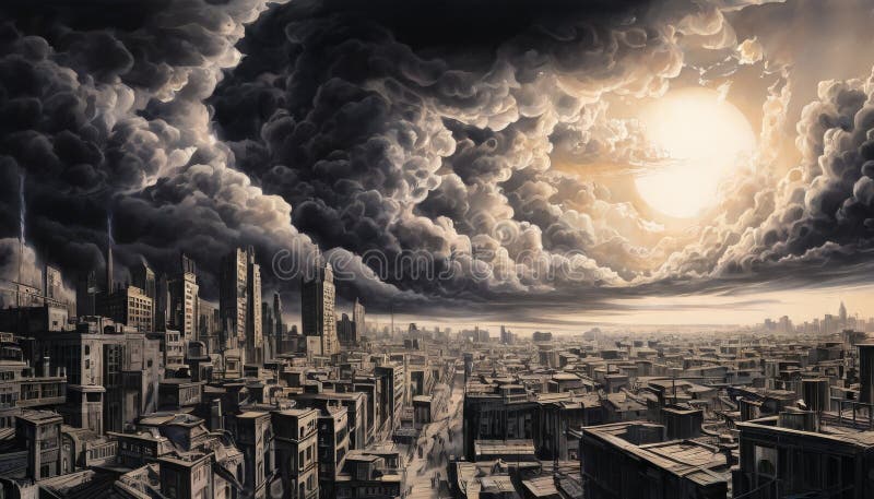Dramatic Storm Clouds Over a Dark, Dystopian Cityscape Stock Image ...