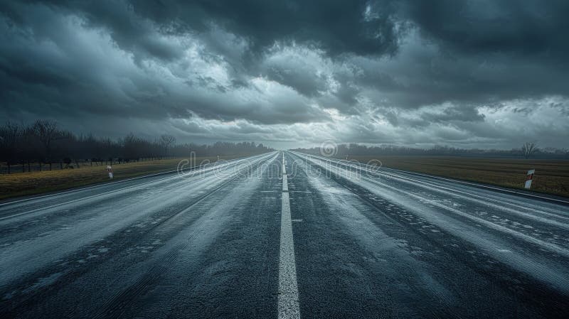 Dramatic Storm Clouds Over Empty Highway Moody Sky, Wide Angle View ...