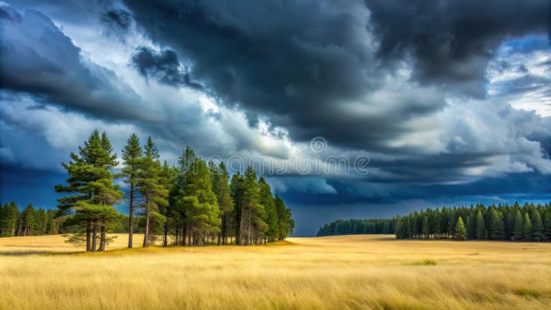 Dramatic Storm Clouds Over Golden Meadow and Evergreen Trees ...